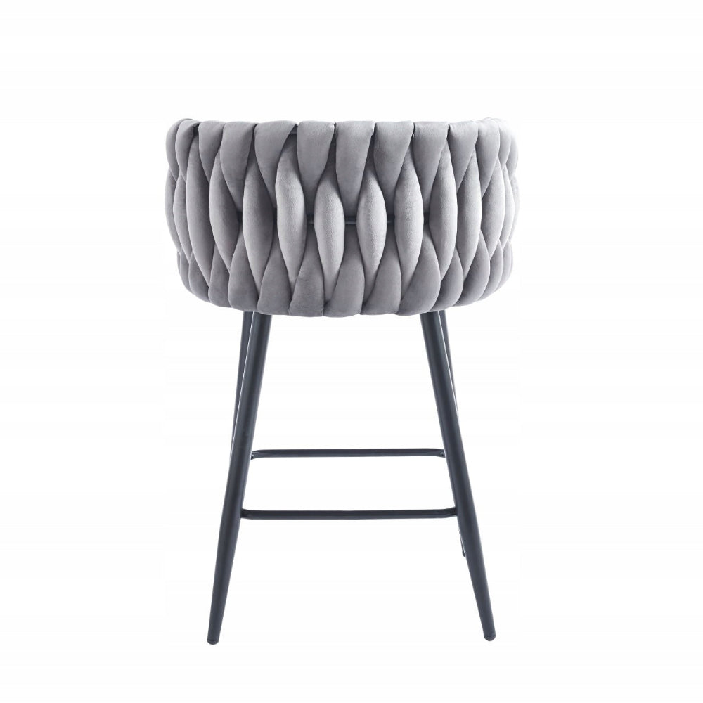 Scaun de bar (hoker), catifea/velur gri, spatar impletit, cadru metali