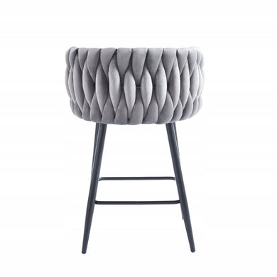 Scaun de bar (hoker), catifea/velur gri, spatar impletit, cadru metali